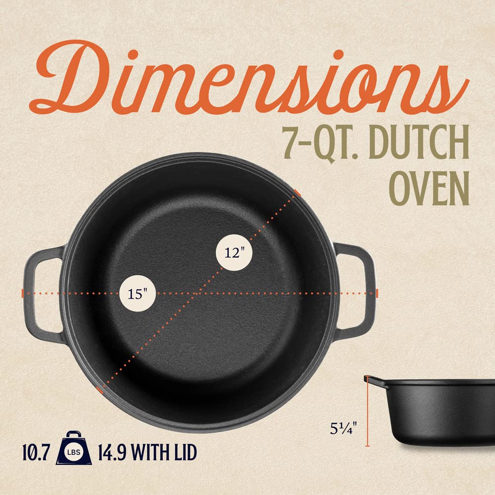 Legend Cookware Cast Iron Dutch Oven | 7qt Heavy-Duty Stock Pot for Frying, Cooking, Baking & Broiling on Induction, Electric, Gas & In Oven | Lightly Pre-Seasoned & Gets Better with Use