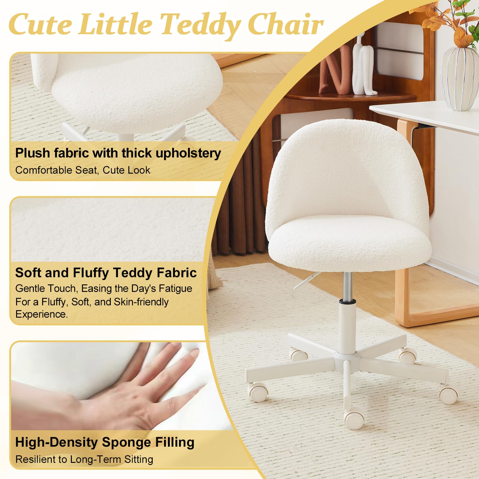 VINGLI Candy Chair Armless Cute Desk Chair,Comfy Small Office Chair with Wheels,Vanity Chair with Lumbar Support,Teddy Adjustable Rolling Swivel Computer Task Chair for Home Office,Bedroom,White