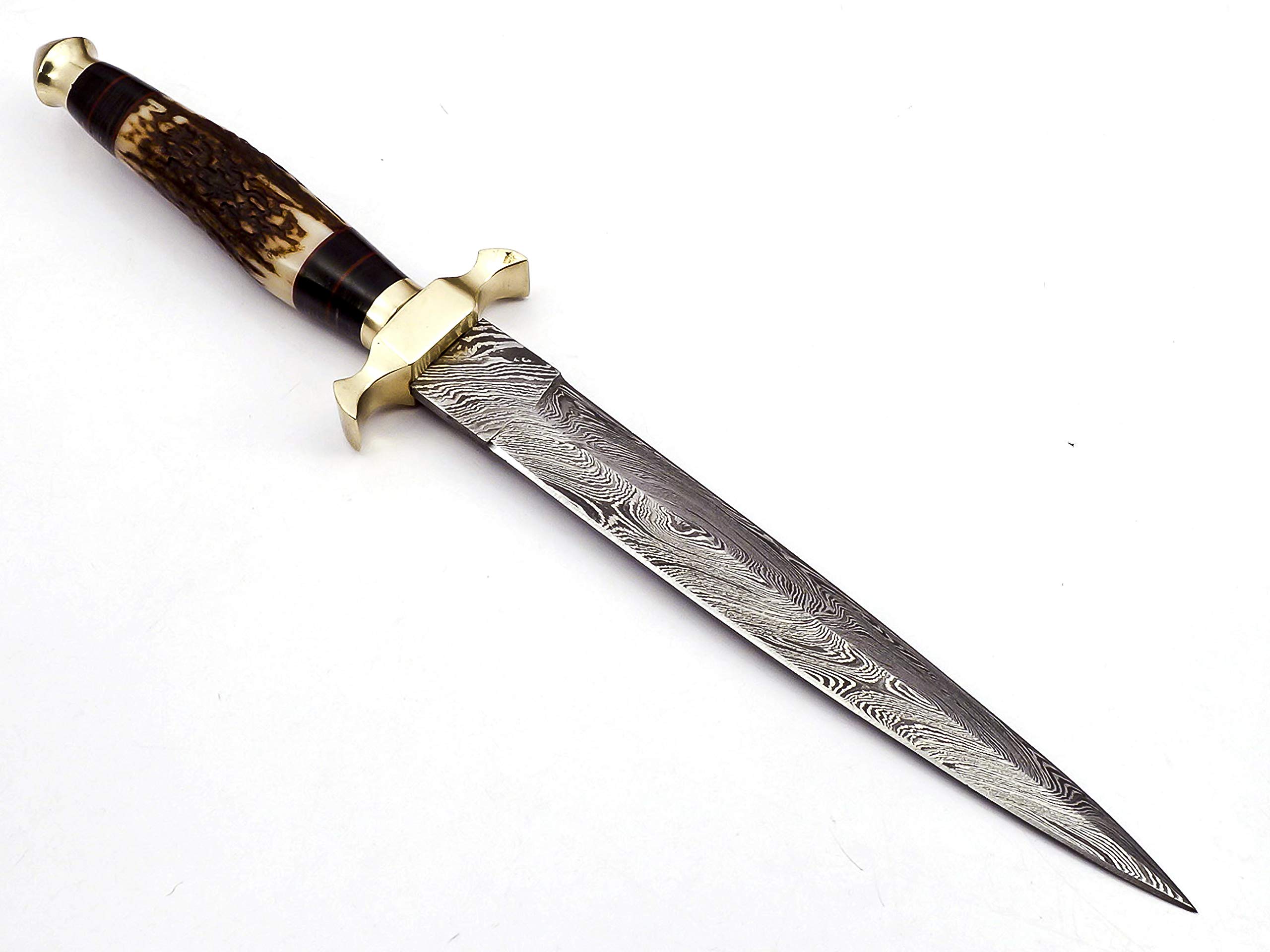 Mid American Cutlery Damascus Steel Fixed Blade Knife With Stag Antler Brass Pommel And Guard
