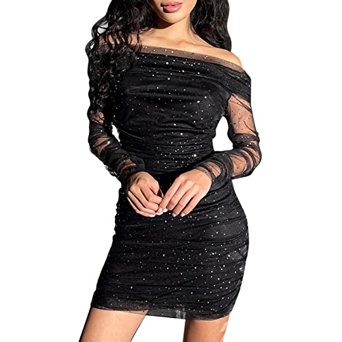 Pinkpaopao Off Shoulder Ruched Mini Dress Glitter Sequins Mesh Long Sleeve Elegant Prom Dress