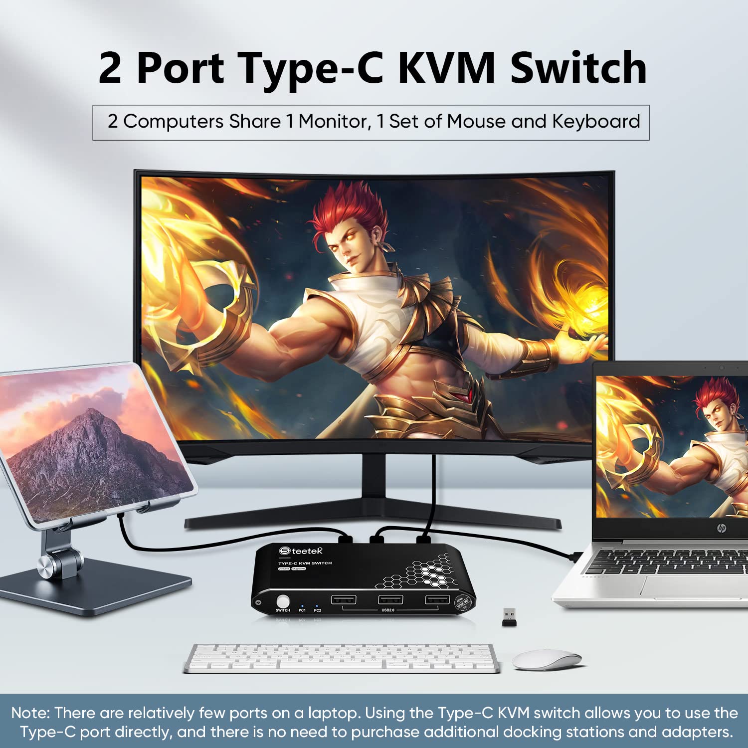 Steetek USB-C KVM Switch 2 PCs Share 1 Monitor,