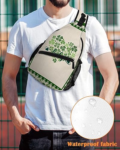 Sling Backpack, St. Patrick's Day Lucky Shamrocks Clover Love Heart Green Buffalo Plaid Waterproof Lightweight Small Sling Bag, Travel Chest Bag Crossbody Shoulder Bag Hiking Daypack for Women Men
