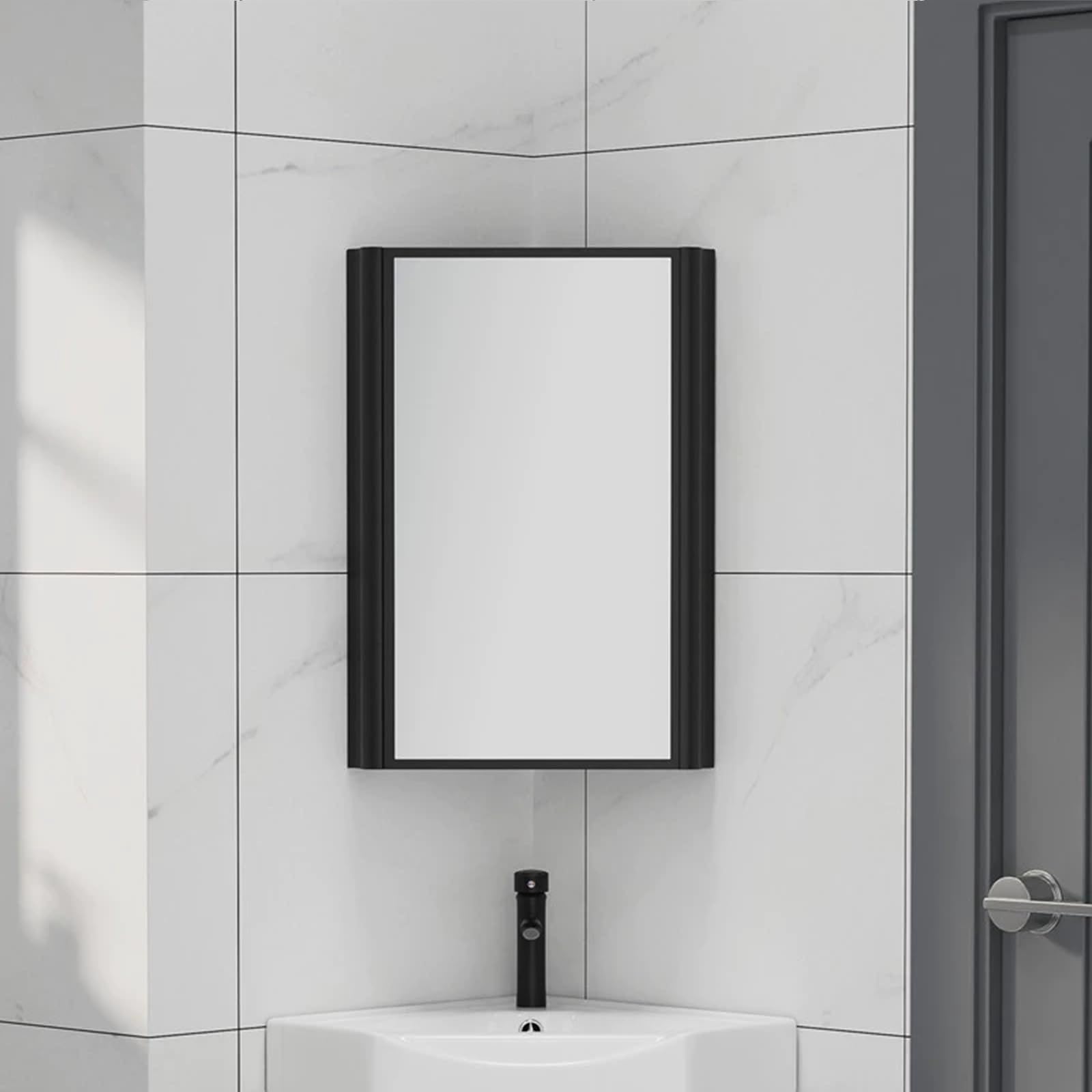 WXMYOZR Medicine Cabinet Bathroom Vanity Mirror,Corner Vanity Mirror for Small Space, Wall Mounted Bathroom Storage Cabinet with Mirror, Aluminum Alloy Construction IP54 Waterproof,Black