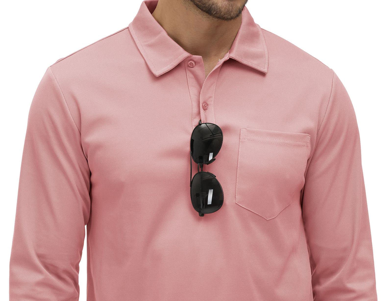 Rdruko Men's Long Sleeve Shirts with Pocket Quick Dry Outdoor Sports Polo(Pink, US M)