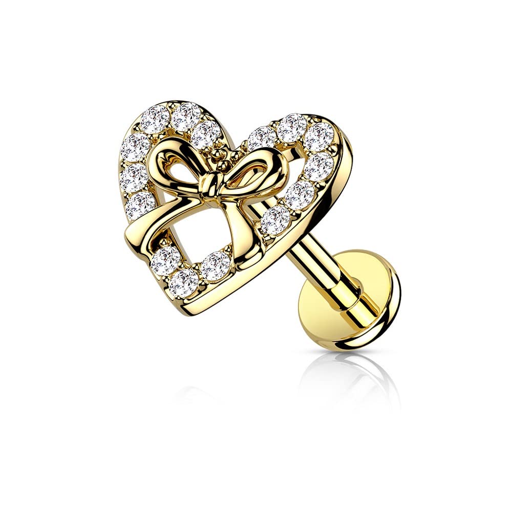 Pierced Owl 16GA 316L Stainless Steel CZ Crystal Paved Heart with Ribbon Center Internally Threaded Flat Back Stud (Rose Gold Tone)
