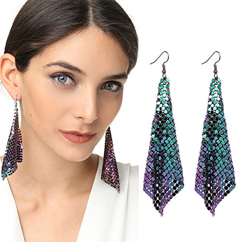 NALISASA Metal Mesh Grid Sequins Tassel Long Drop Dangle Earrings for Women Girls, Long Hook Lightweight Earrings, Disco Vintage Mesh Earrings