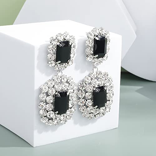 Rumtock Statement Black Gemstones Rhinestones Dangle Drop Silver Earrings for Women Girls Geometric Long Earrings Jewelry