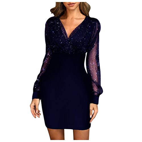 Pinkpaopao Sequins Mesh Long Sleeve Wrap Dress Women's V Neck Solid Color Retro Elegant Party Mini Dress