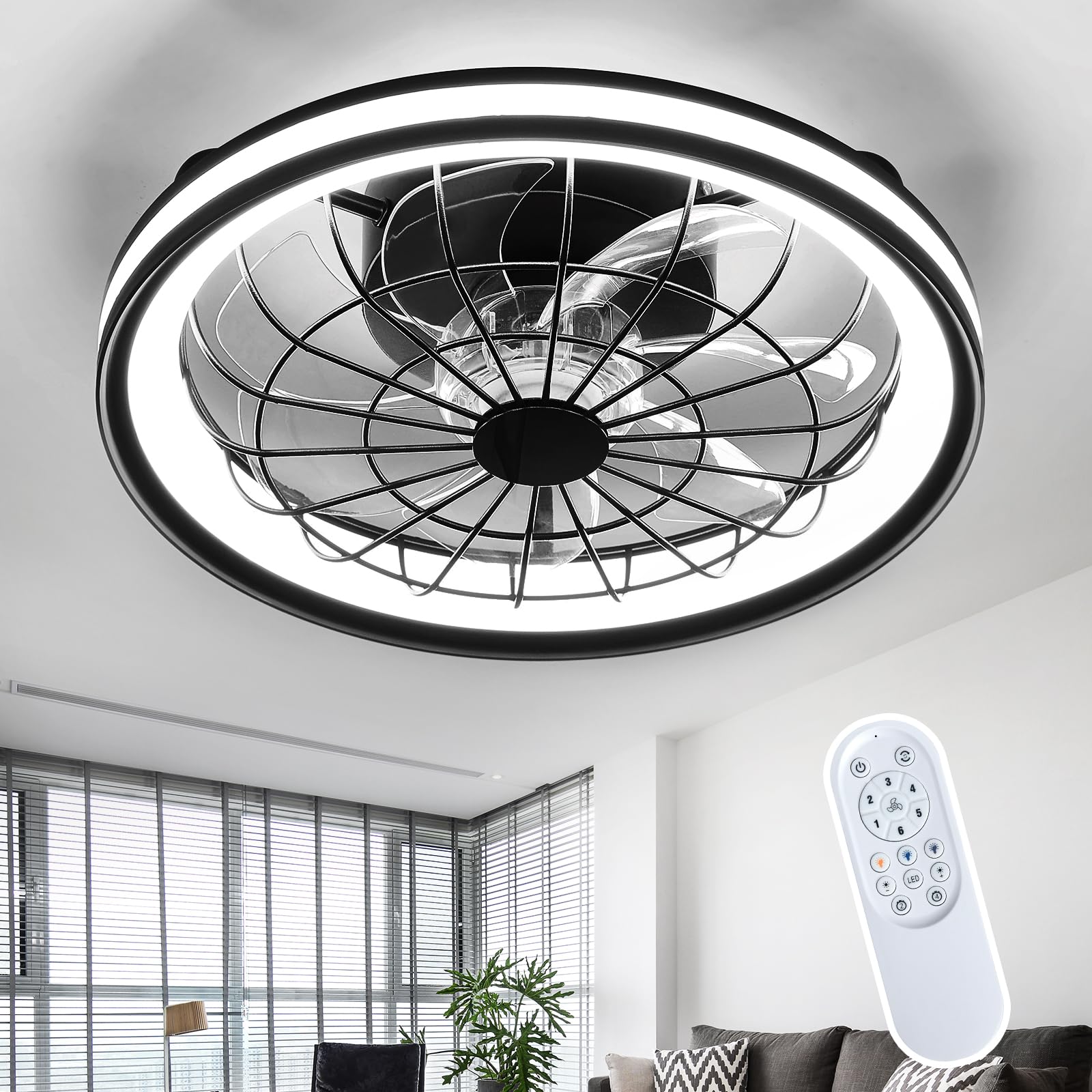 Kayleik Low Profile Ceiling Fan with Light, 16.9'' Flush Mount Ceiling Fan Dimmable LED Reversible Blades Timing with Remote Control, Modern Enclosed Bladeless Celing Fan for Bedroom Kitchen.（Black）