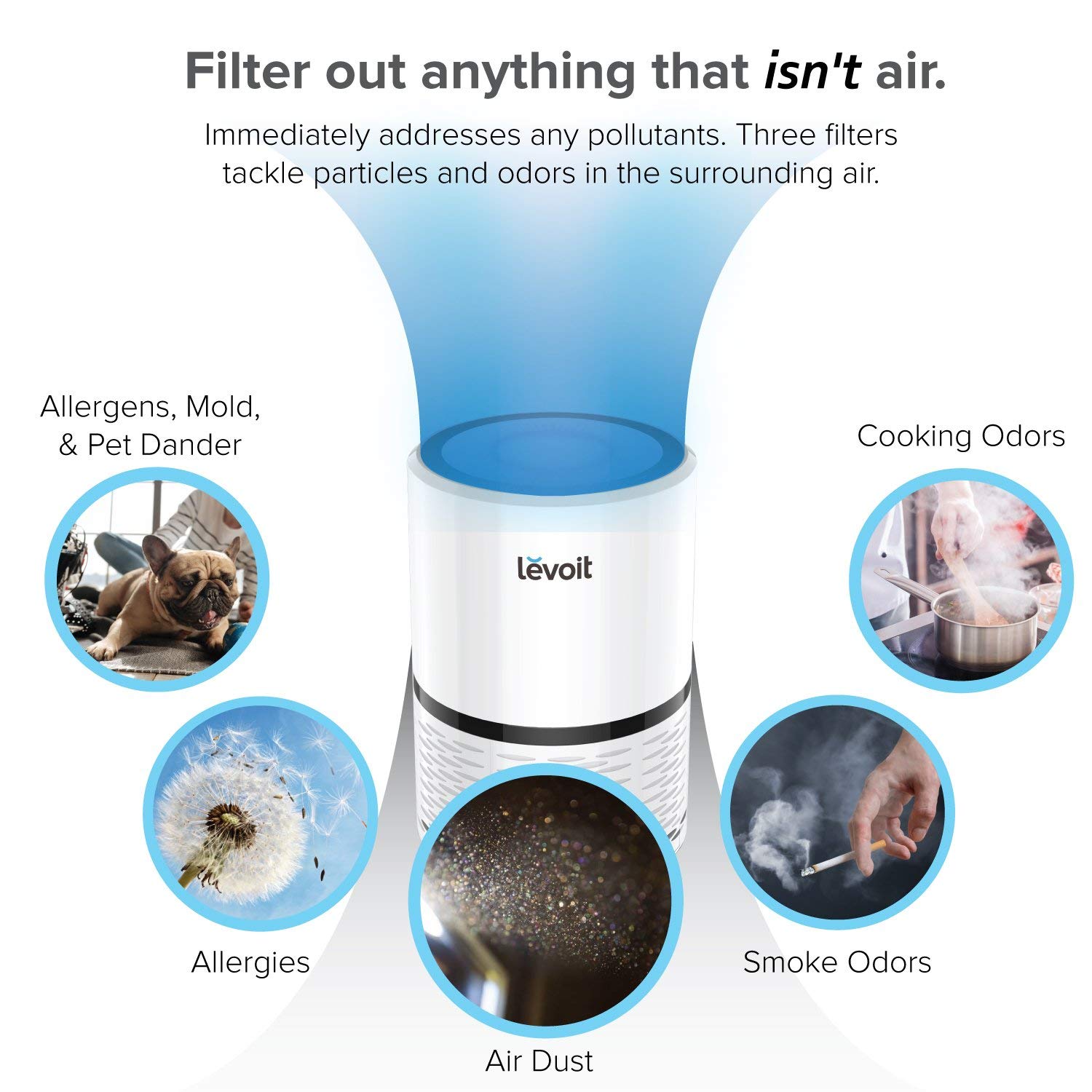 LEVOIT Air Purifiers for Home Smokers Allergies and Pets Hair, Quiet in Bedroom, Filtration System Cleaner Eliminators, Odor Smoke Dust Mold, Night Light, LV-H132, 2 Pack, White