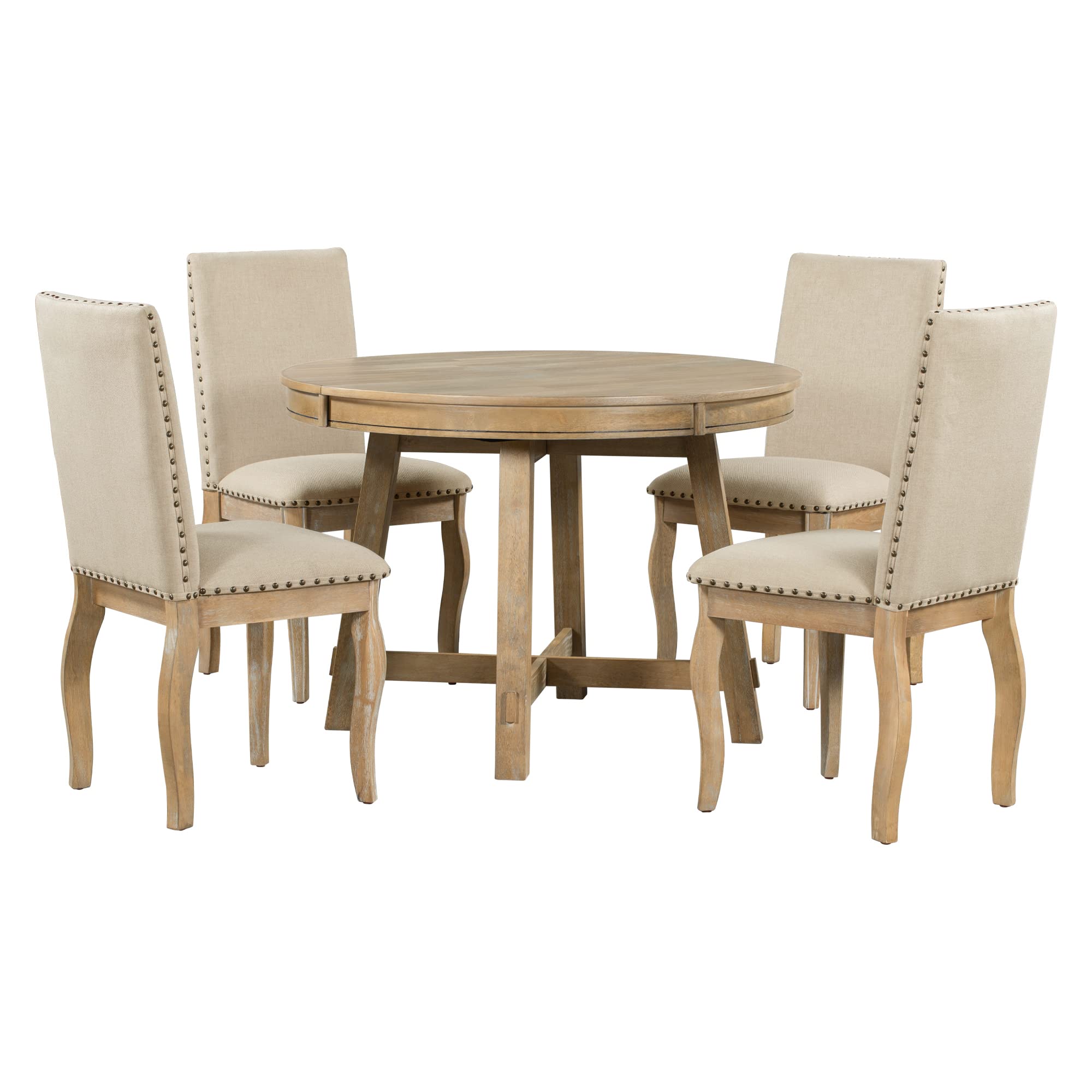 KELRIA 5-Piece Farmhouse Set Round Extendable Table and 4 Upholstered Chairs, for Dining, Living Room, and Kitchen, Natural Wood Wash