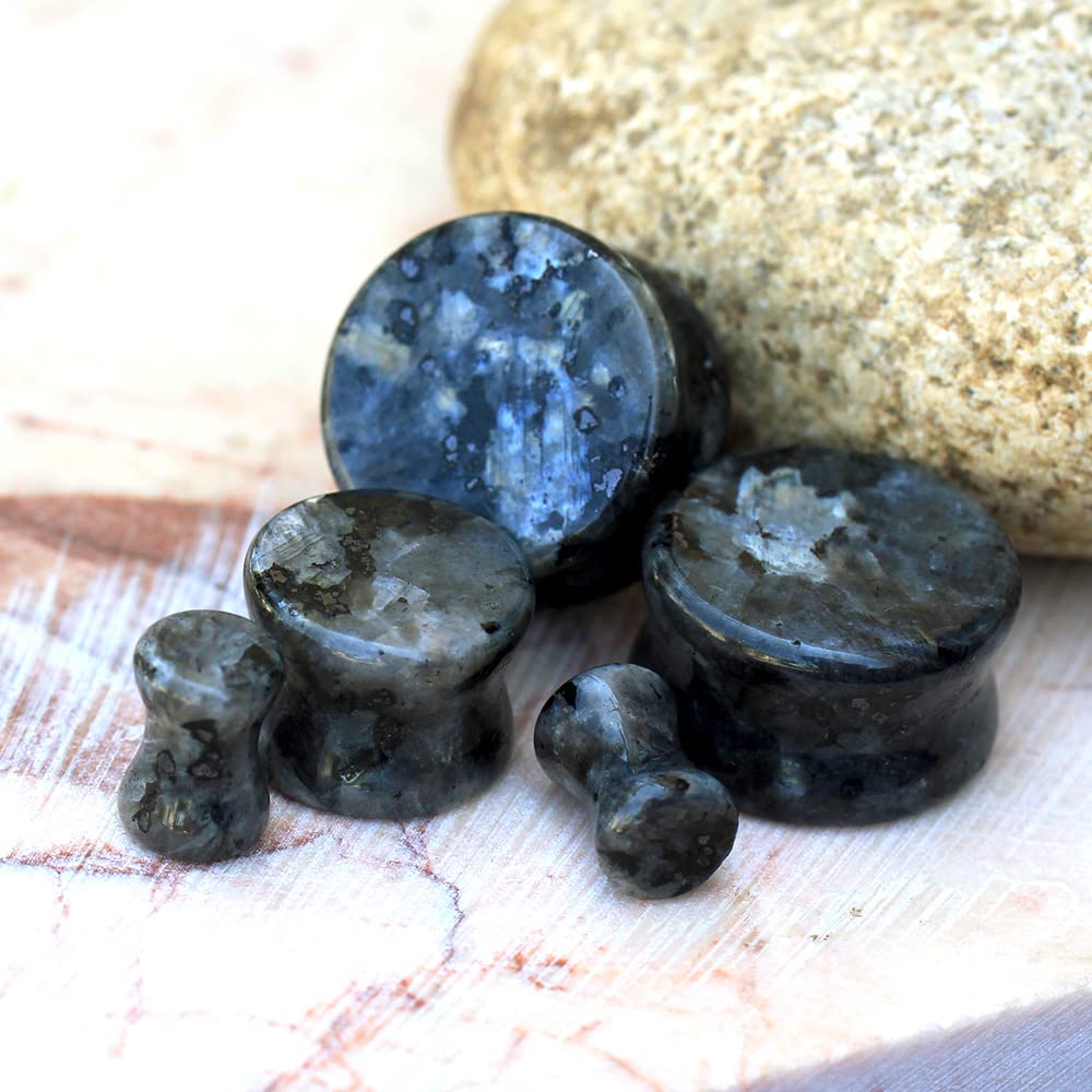 Pierced Owl Natural Black Labradorite Stone Double Flared Plugs, Sold as a Pair (8mm (0GA))