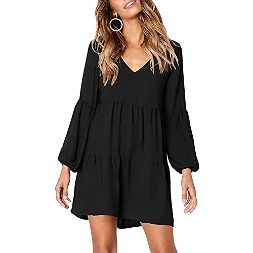 Pinkpaopao Splicing Solid Color Swing Dress for Women Lantern Long Sleeve Elastic Mini Dress Ruched Loose V Neck Dress