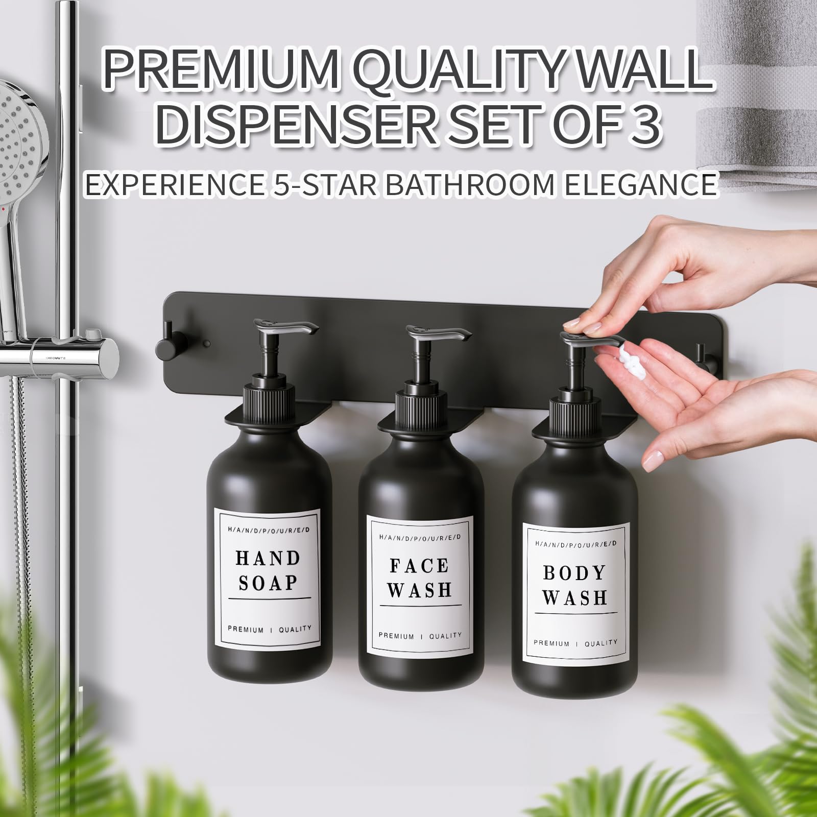 XLHOMO Shampoo and Conditioner Dispenser, Matte Black Body Wash Shower Soap Dispenser Wall Mounted 3 Chamber with Labels Bath Sponge, Drill Free 17oz Plastic Shower Bottles Refillable for Bathroom