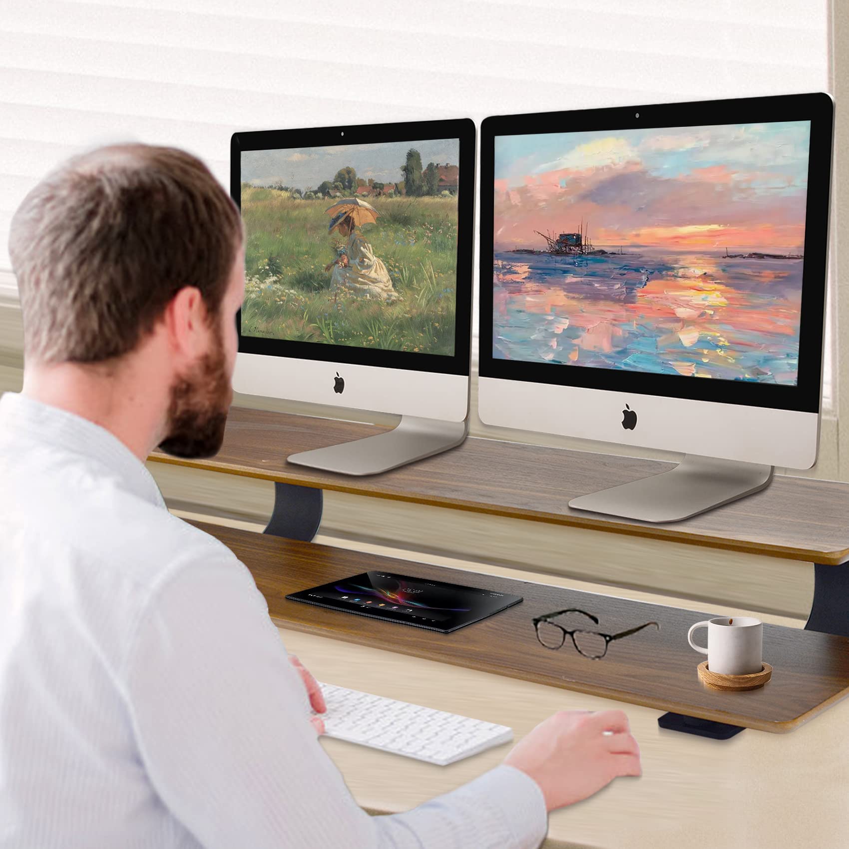 SAMDI Monitor Stand, Wooden Computer Monitor Stand,Wood Oversized Double Layer Desk Stand Riser for Laptop, Computer, iMac, Laptop, with Table (Walnut)
