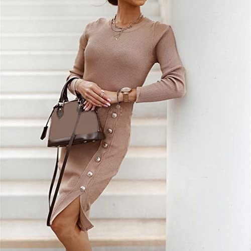 Pinkpaopao Sweater Wrap Dress for Women Side Button Split Midi Dress Long Sleeve Crewneck Elastic Dress