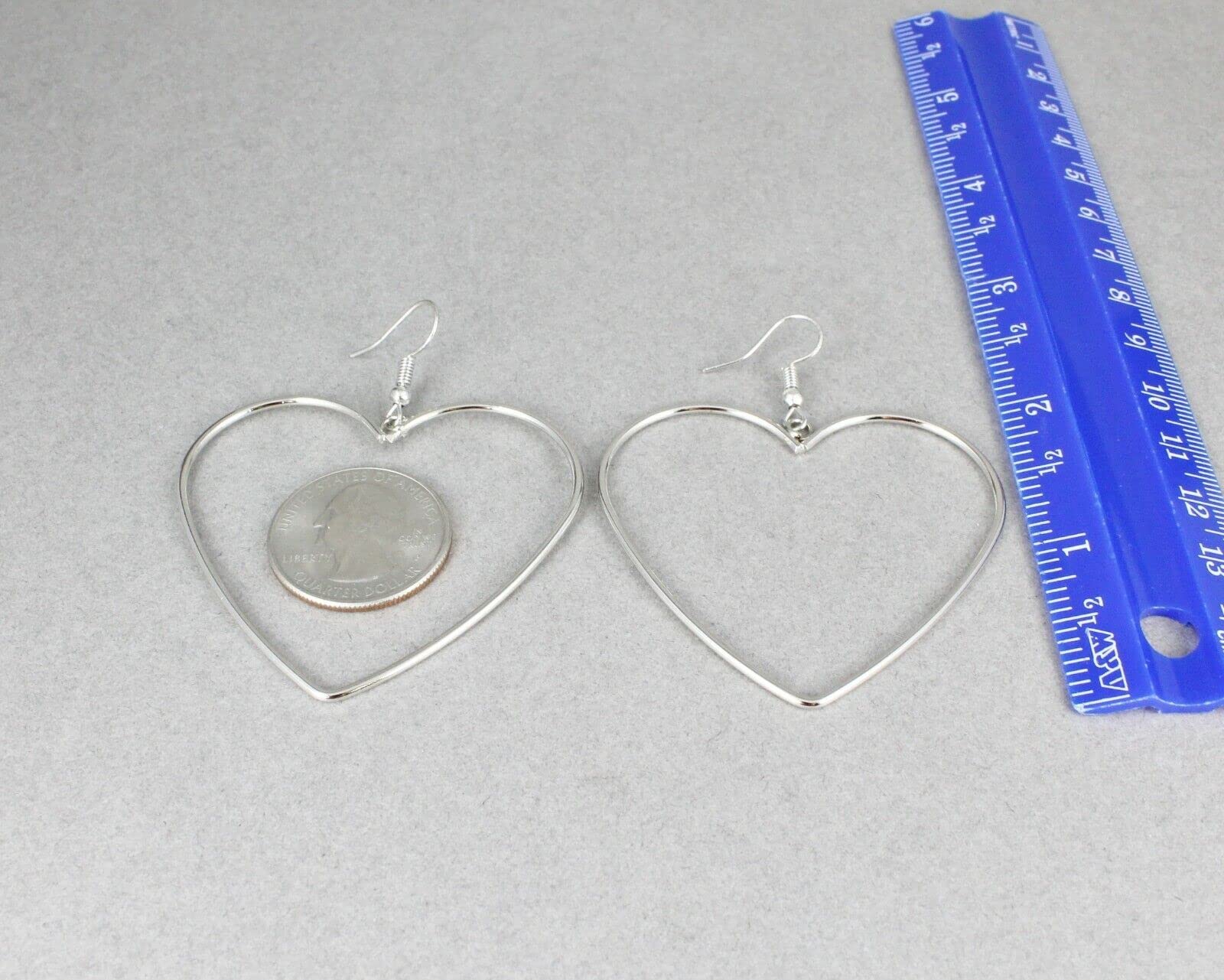 Silver Heart Earrings Earrings 2.5" Long Dangle Light Outline Heart Adorable Statement Jewelry Earrings for Women