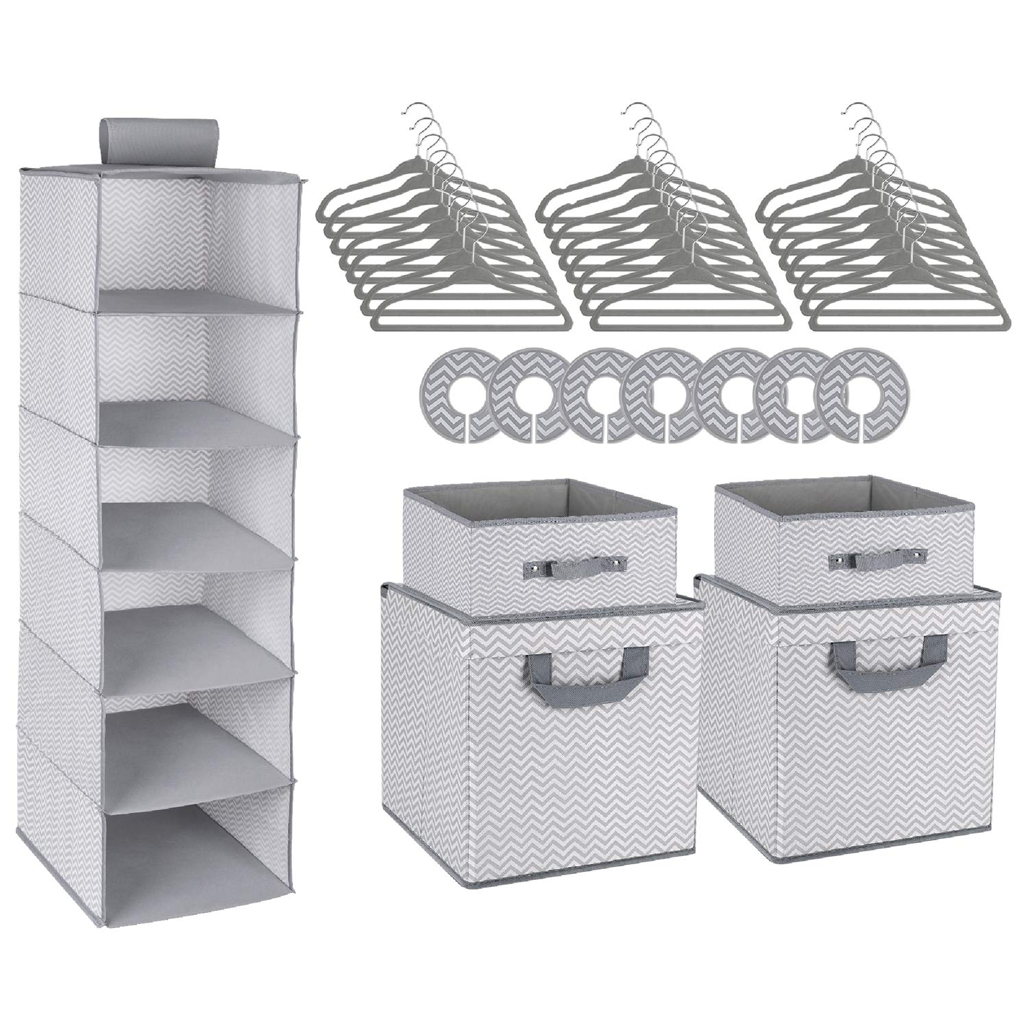 Minnebaby 42-Piece Nursery Organizer Storage Closet Set, Chevron Pattern, Grey