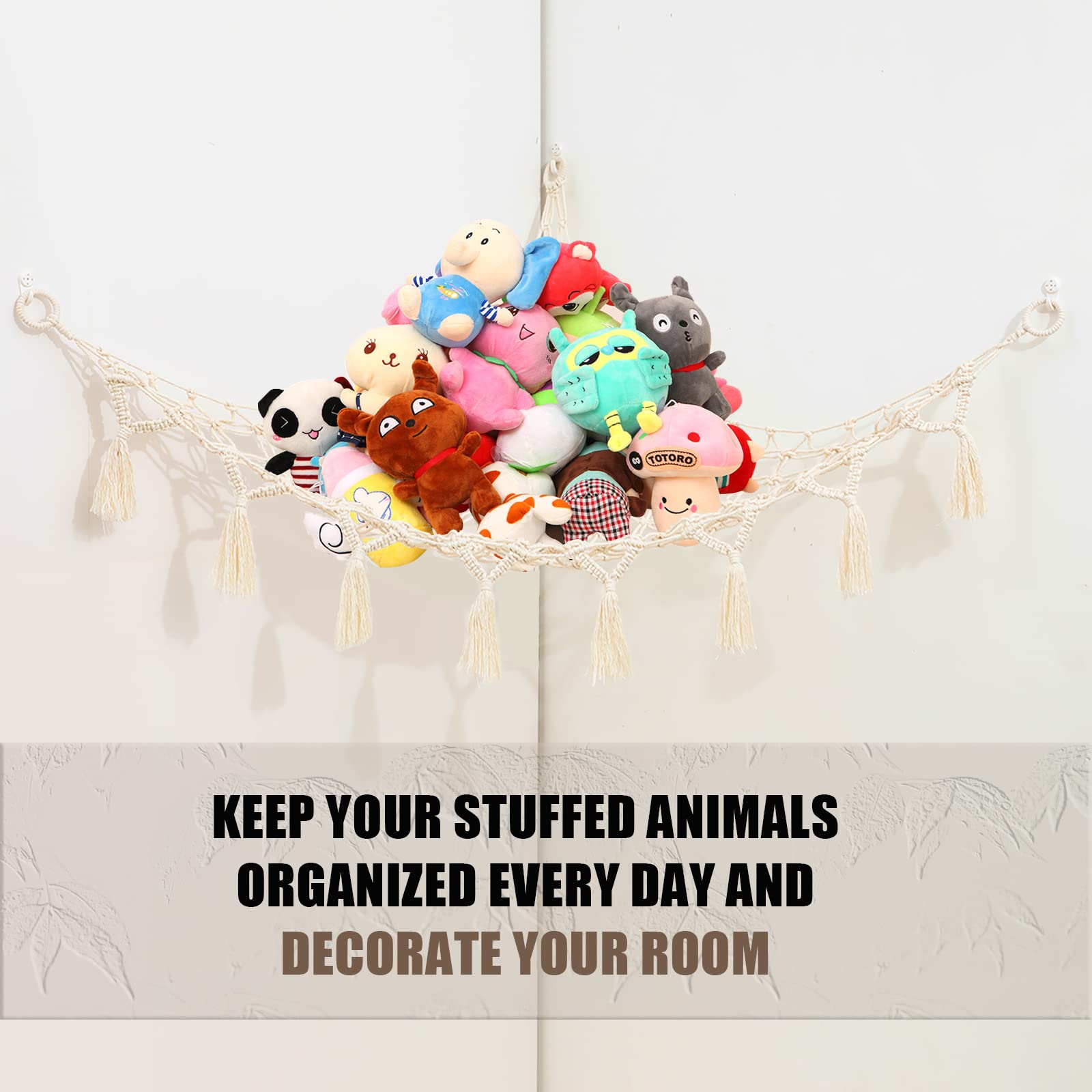 Stuffed Animal Net or Hammock Toy Hammock Macrame Large Corner Mesh Toy Storage Hanging Wall, Stuffed Animal Holder Nursery Organizer for Kids Bedroom (Beige)