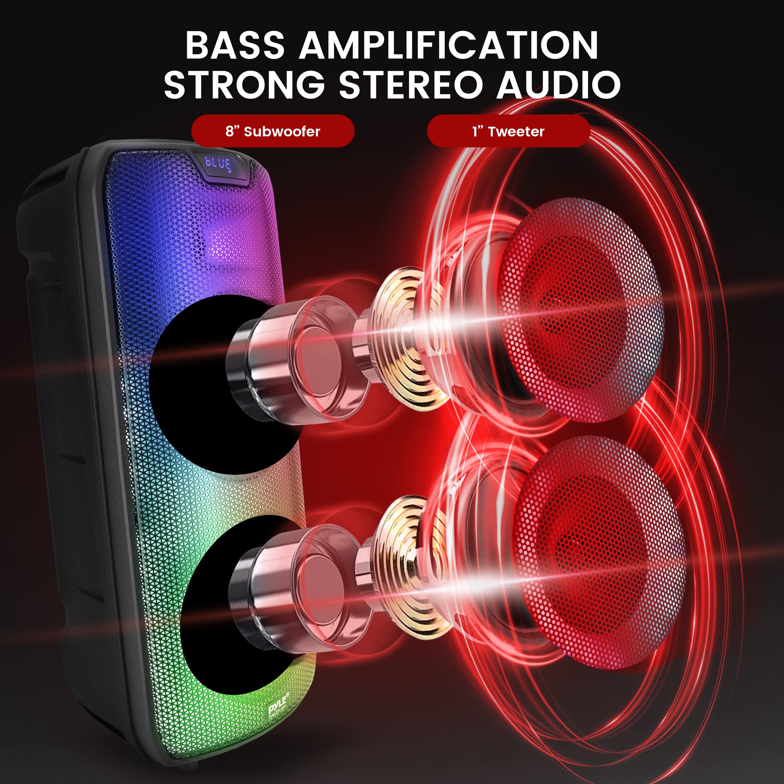 Pyle Bluetooth Portable PA Party Speaker - 600W Dual 8β Rechargeable Indoor/Outdoor BT Karaoke Audio System w/Guitar/Mic Input, TWS, X-Bass Function, Flashing Party Flame Lights, MP3/USB/AUX/FM