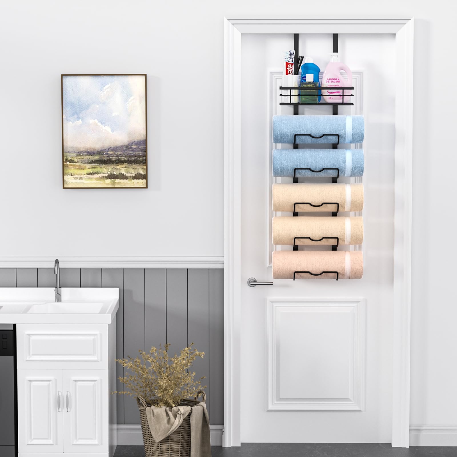 Xstydes 6-Tier Over The Door Towel Rack,Towel Racks for Bathroom, Metal Towel Holder with Storage Basket,Towel Storage for Small Bathroom,Towel Rack for Rolled Towels,Black
