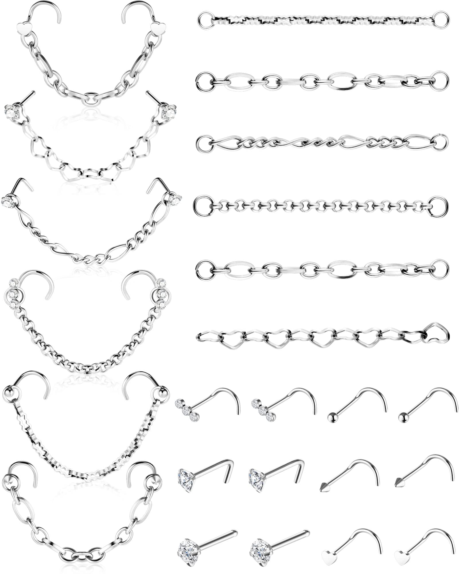 MTLEE Nose Ring Nose Chain Piercing Across Double Nose Stud Chain Jewelry CZ Heart Ball l Shaped Stainless Steel Nose Piercing Stud Nostril Jewelry for Women Men(Silver,1.5 Inch)