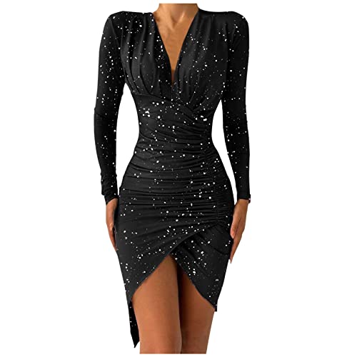 Pinkpaopao Womens Ruched Wrap Dress Deep V Neck Glitter Sequins Long Sleeve Elegant Slim Mini Dress