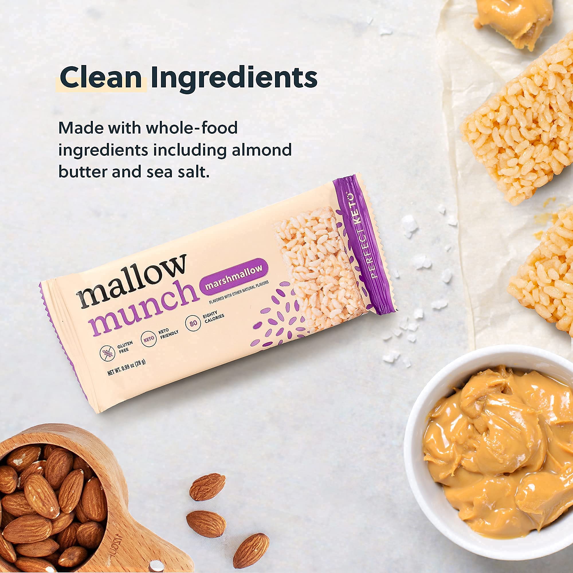 Perfect Keto Mallow Munch, Gluten Free, Cereal Bars, Breakfast Bar, Rice-Free, Low Sugar, Low Carb, Crispy, High Protein Snack, Healthy Snacks, 9g Protein, 2g Net Carbs, Original Marshmallow, 8 Pack