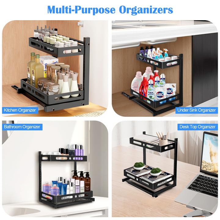 LINGSFIRE Pull Out Cabinet Organizer 2-Tier Under Sink Organizers & Storage Slide Out Pantry Shelves Carbon Steel Under Cabinet Storage Multi Purpose Pull-Out Home Organizers Kitchen Bathroom, Black