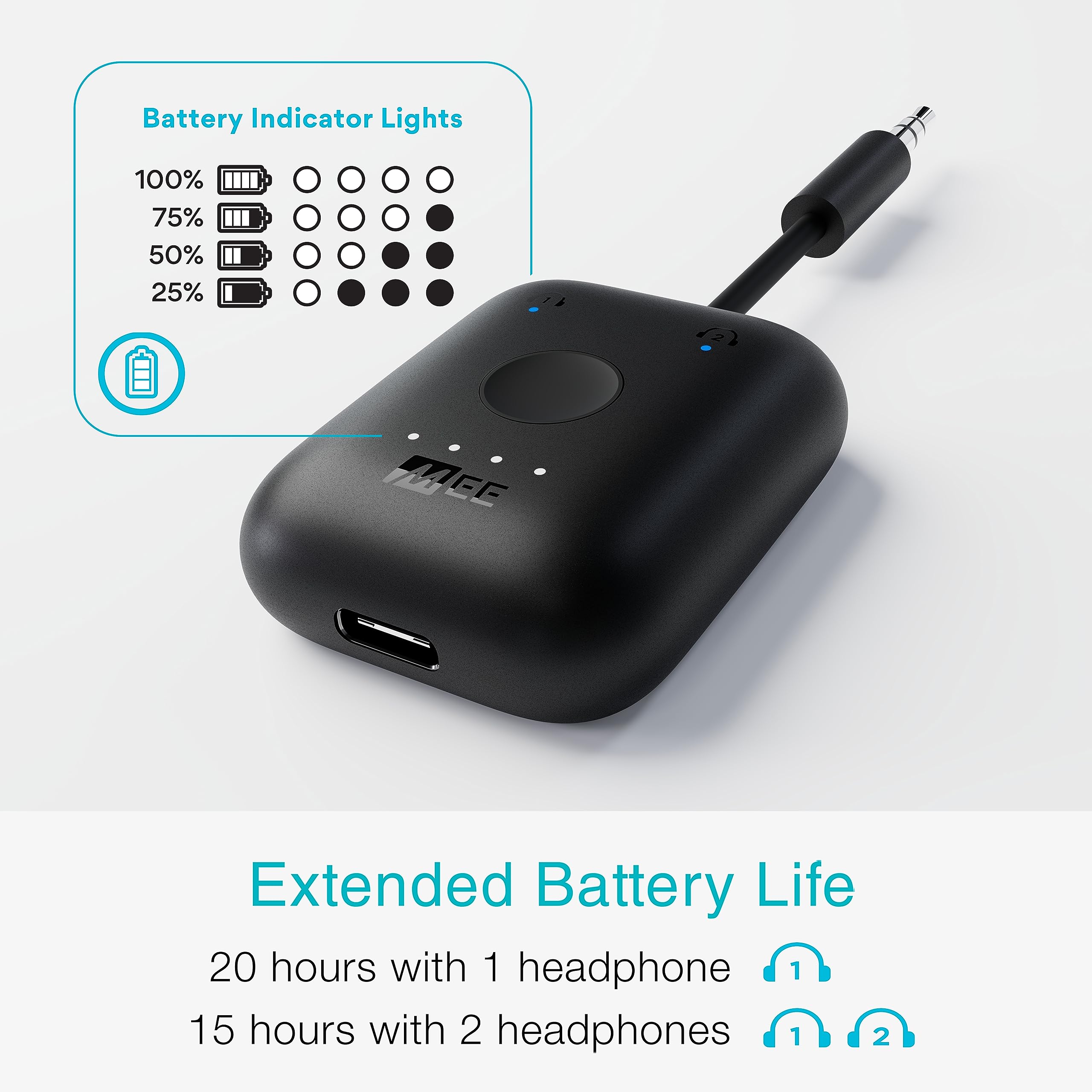 MEE audio Connect Air in-Flight Bluetooth Wireless Audio Transmitter Adapter for up to 2 AirPods/Other Headphones; Works with All 3.5mm Aux Jacks on Airplanes, Gym Equipment, TVs, & Gaming Consoles