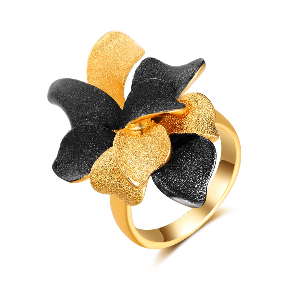 Mytys Flower Shape Statement Ring with 18K Gold Plated Copper and Black Petals, Comfortable Fit for Parties and Casual Gatherings (8)