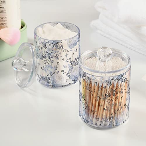 xigua 2 Pack Light Blue Flowers Apothecary Jars with Lid, Qtip Holder Storage Containers for Cotton Ball, Swabs, Pads, Clear Plastic Canisters for Bathroom Vanity Organization (10 Oz)