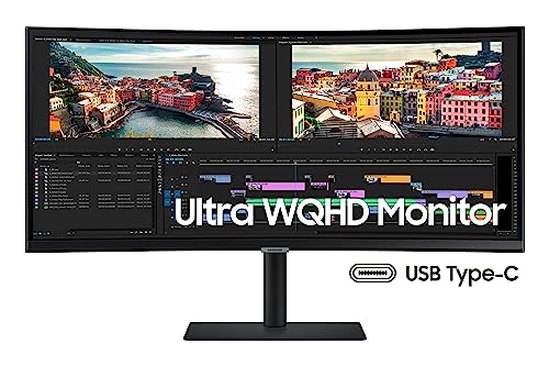 SAMSUNG 34” ViewFinity S65UA Series Ultrawide QHD Curved Monitor, HDR10, 100Hz, 350 nit, USB- C, Adjustable Stand, Intelligent Eye Care, LS34A650UBNXGO, Black