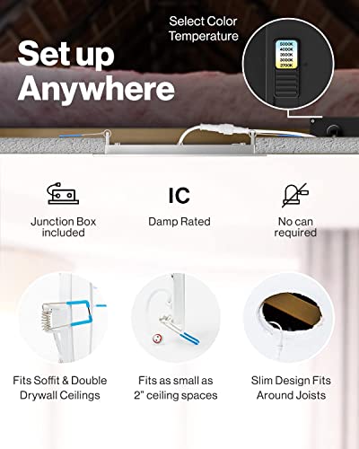Sunco 6 Pack 4 Inch Slim LED Recessed Ceiling Lights, Selectable CCT 2700K/3000K/3500K/4000K/5000K, Dimmable, 10W, Canless with Junction Box - Energy Star ETL T24