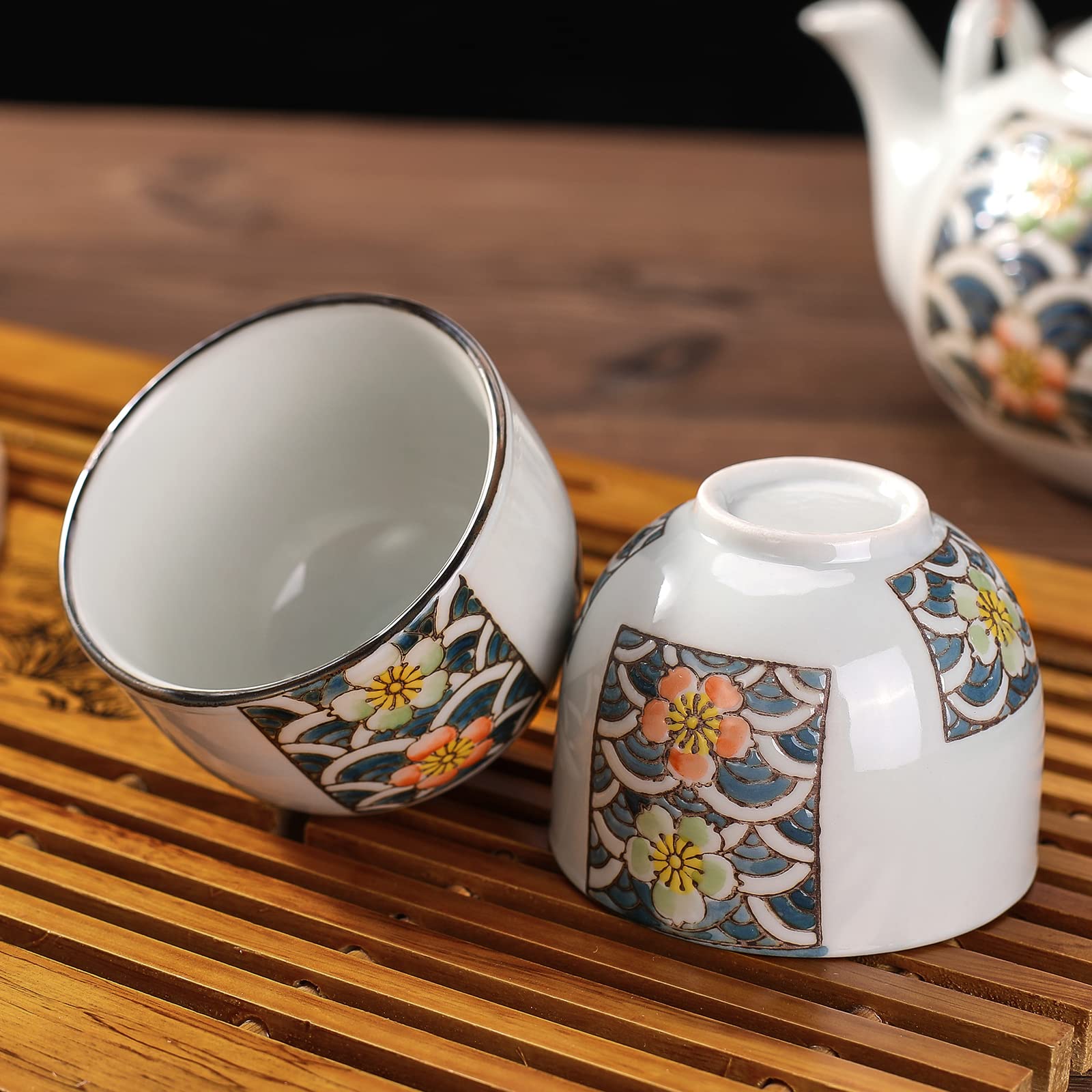 Junrutc Japanese Tea Set, Pottery Teapot Set of 5, 1 Teapot 4 Tea Cups 1 Stainless Infuser Cute Asian Tea Set for Tea Lover/Women/Men (25 oz)