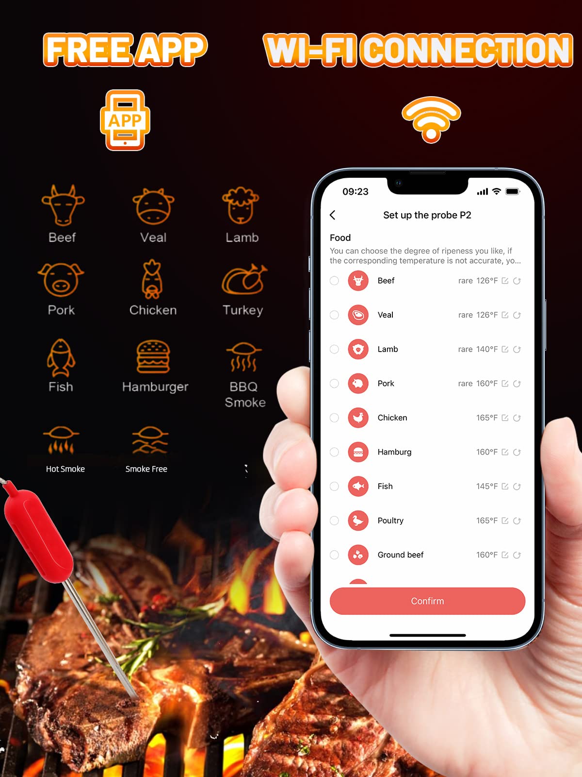 Sanwo WiFi Meat Thermometer with 2 Probes, Digital Wireless Instant Read Smart 2000mAH Rechargeable BBQ Grill Meat Thermometer with Timer, Alarm for Smoker, Oven, Grill, Roast, Kitchen Food Meat