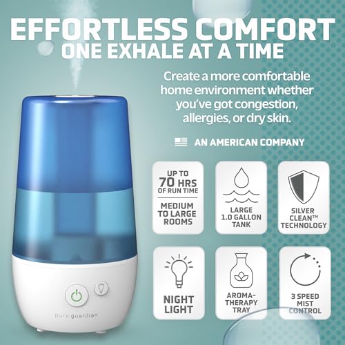 PureGuardian H965AR Ultrasonic Cool Mist Humidifier, 70 Hrs. Run Time, 1 Gal. Tank Capacity, 320 Sq. Ft. Coverage, Small Rooms, Filter Free, Silver Clean Treated Tank, Includes Essential Oil Tray