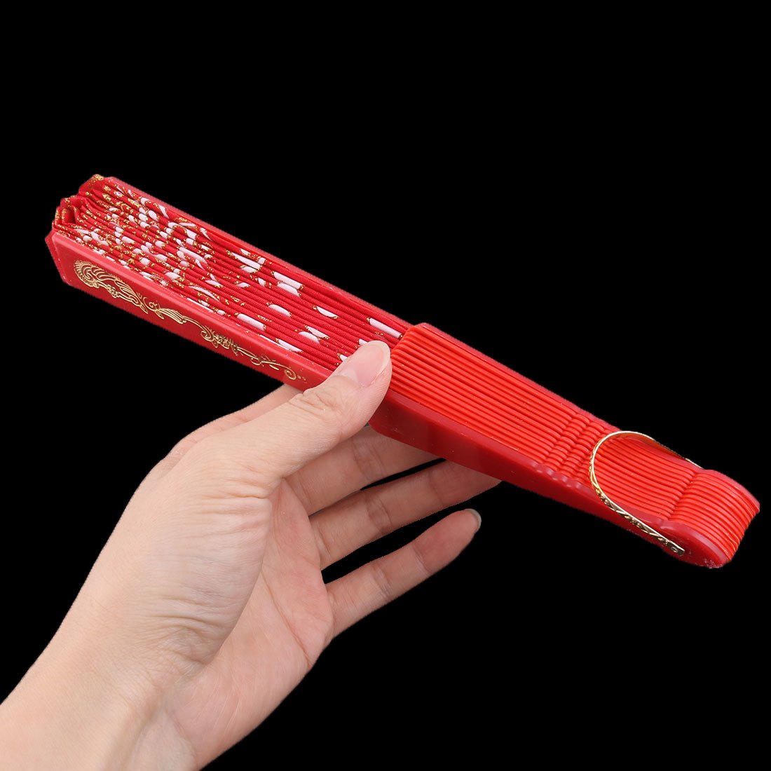 Qtqgoitem Polyester Flower Printed Festival Dancing Folding Handle Fan 23.5cm Length Red (model: 1fb 6ce fa1 912 4b1)