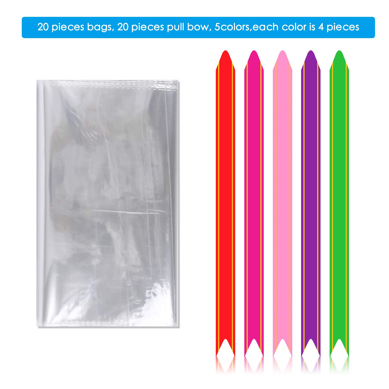 Kolewo4ever 40pcs Clear Cellophane Bags Pull Bow Set 20pcs 16x24 Inches Cellophane Basket Bags Wine Bottles Cellophane Wrap with 20pcs Pull Bows