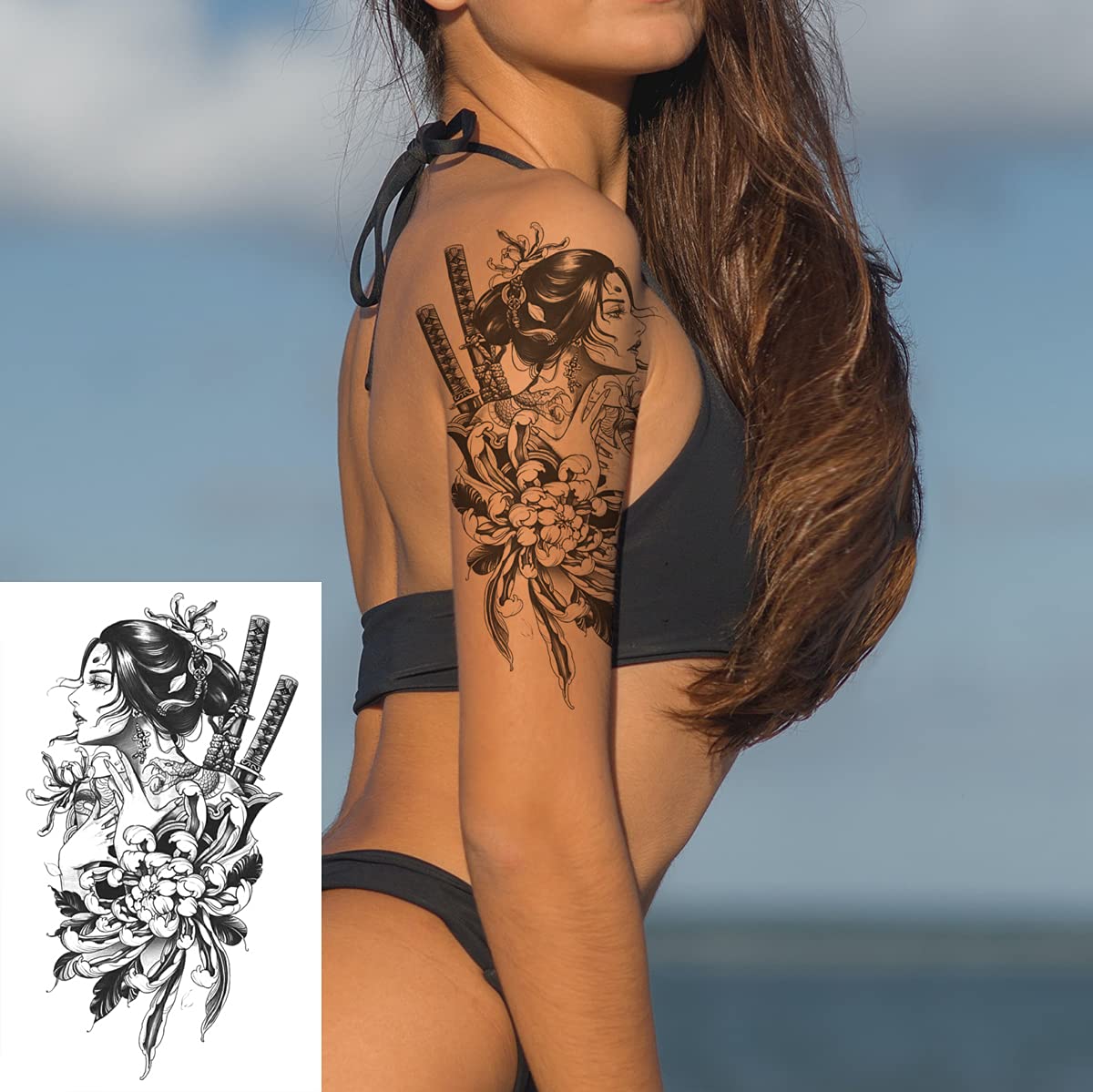 Oottati 6 Sheets Arm Fake Waterproof Temporary Tattoos Stickers Black Japanese Geisha Samurai Women Flower Lotus
