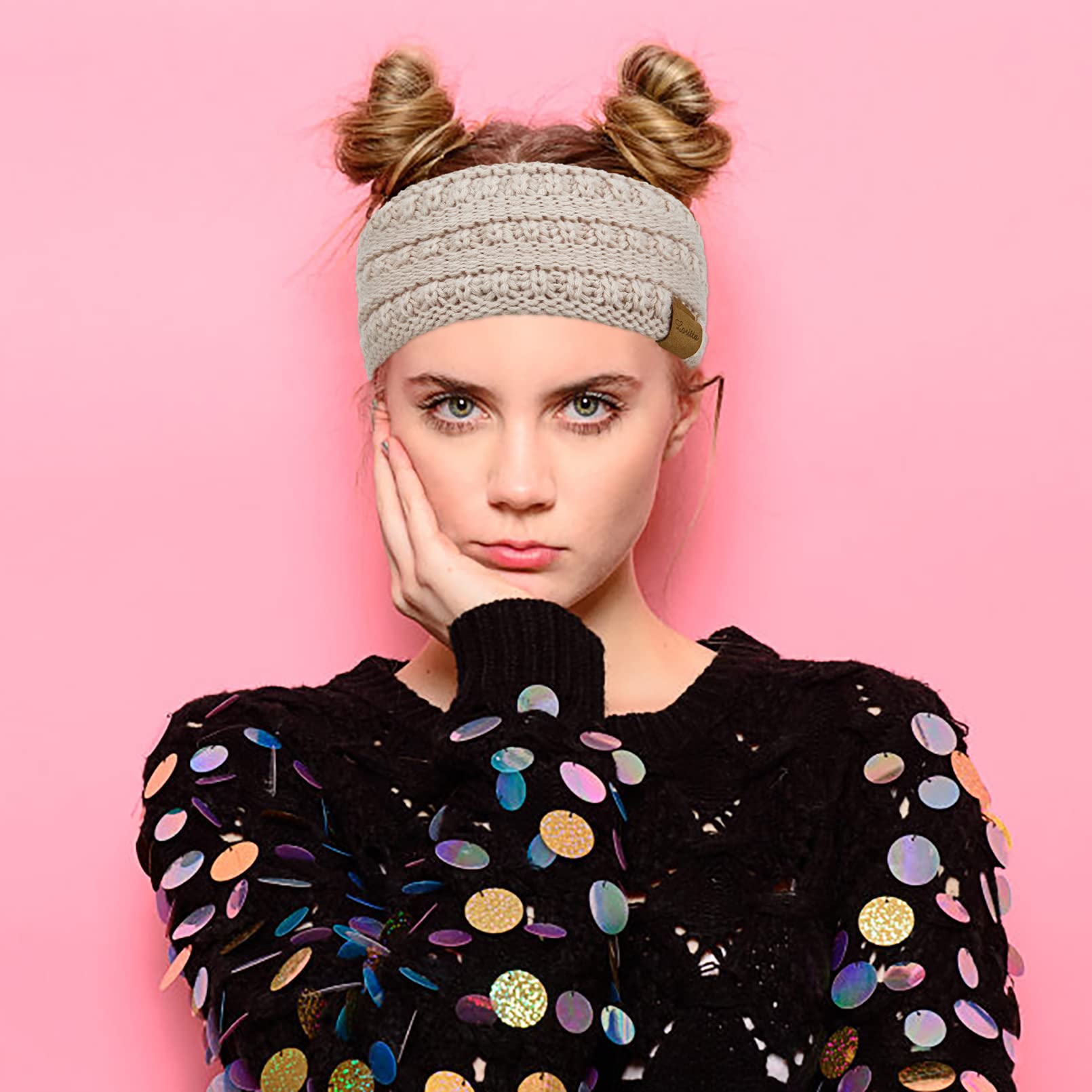 Loritta 4 Pack Womens Winter Headbands Fuzzy Fleece Lined Ear Warmer Cable Knit Thick Warm Crochet Headband Gifts, ZS A Pure Design Black+Beige+Dark Grey+Light Grey