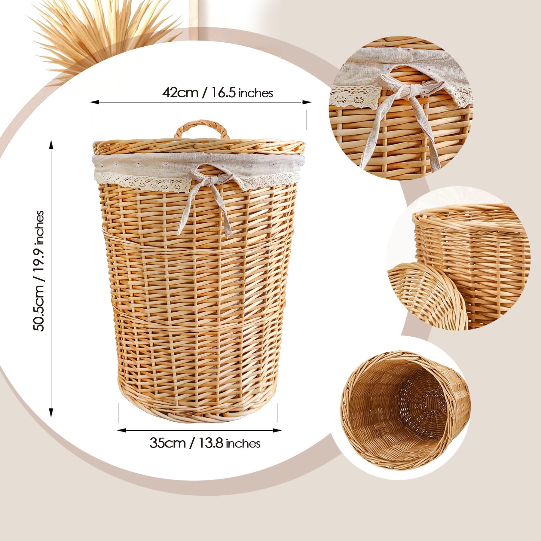 Winsterch Handwoven Laundry Hamper,Wicker Laundry Basket with Lid and Handles,Dirty Clothes Hamper Laundry Basket with Removable Liner Bag,Laundry Basket (Round)