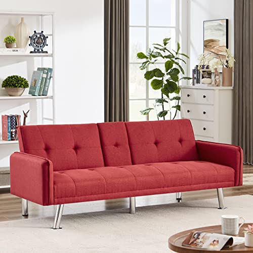 Lamerge Futon Sofa Bed,Convertible Upholstered Folding Sofa,Multi-Functional Sofa Couch for Compact Small Space,Apartment,Dorm,2 Cup Holders,72.4",Red (LFSB-R)