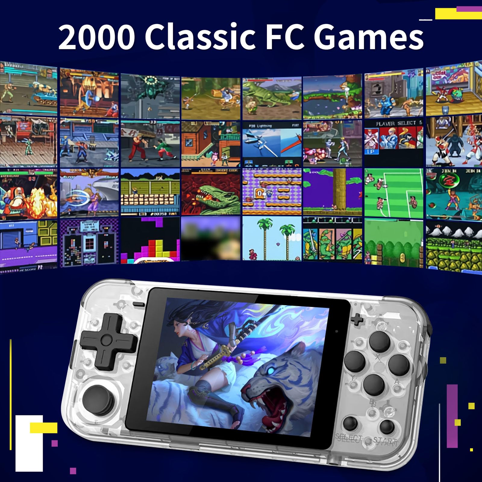 Q90 Portable Game Console, Open Source Linux System, Vibration Motor, 1100 Games, Compatible with Various Simulators (Color of Transparency, 16G)