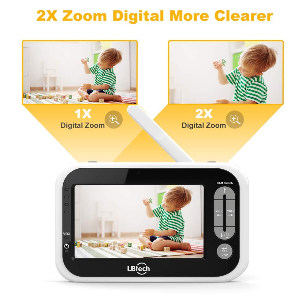 LBtech Video Baby Monitor with 2 Cameras and 4.3 inches Large LCD Screen,Automatic Night Vision,Two-Way Talkback/Audio,Temperature Detection,Power Saving/Vox,Zoom in Lens,Support Multi Camera