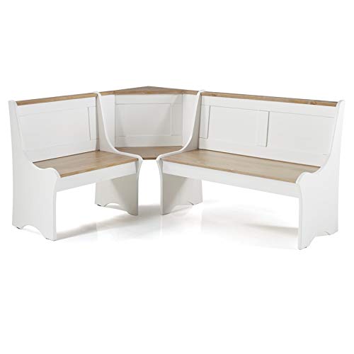 Linon Jackie Pine Wood 3 Piece Patio Conversation Indoor Kitchen Breakfast Table Booth Bench Corner Dining Nook Set in Antique White