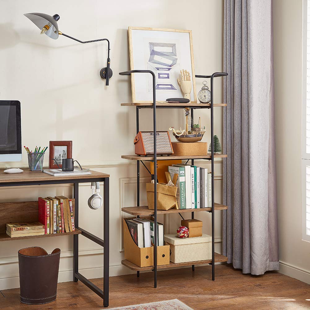 LINSY HOME Bookshelf, 4-Tiers Ladder Bookcase for Storage, Display Shelf for Bedroom and Living Room, Rustic Oak Finished