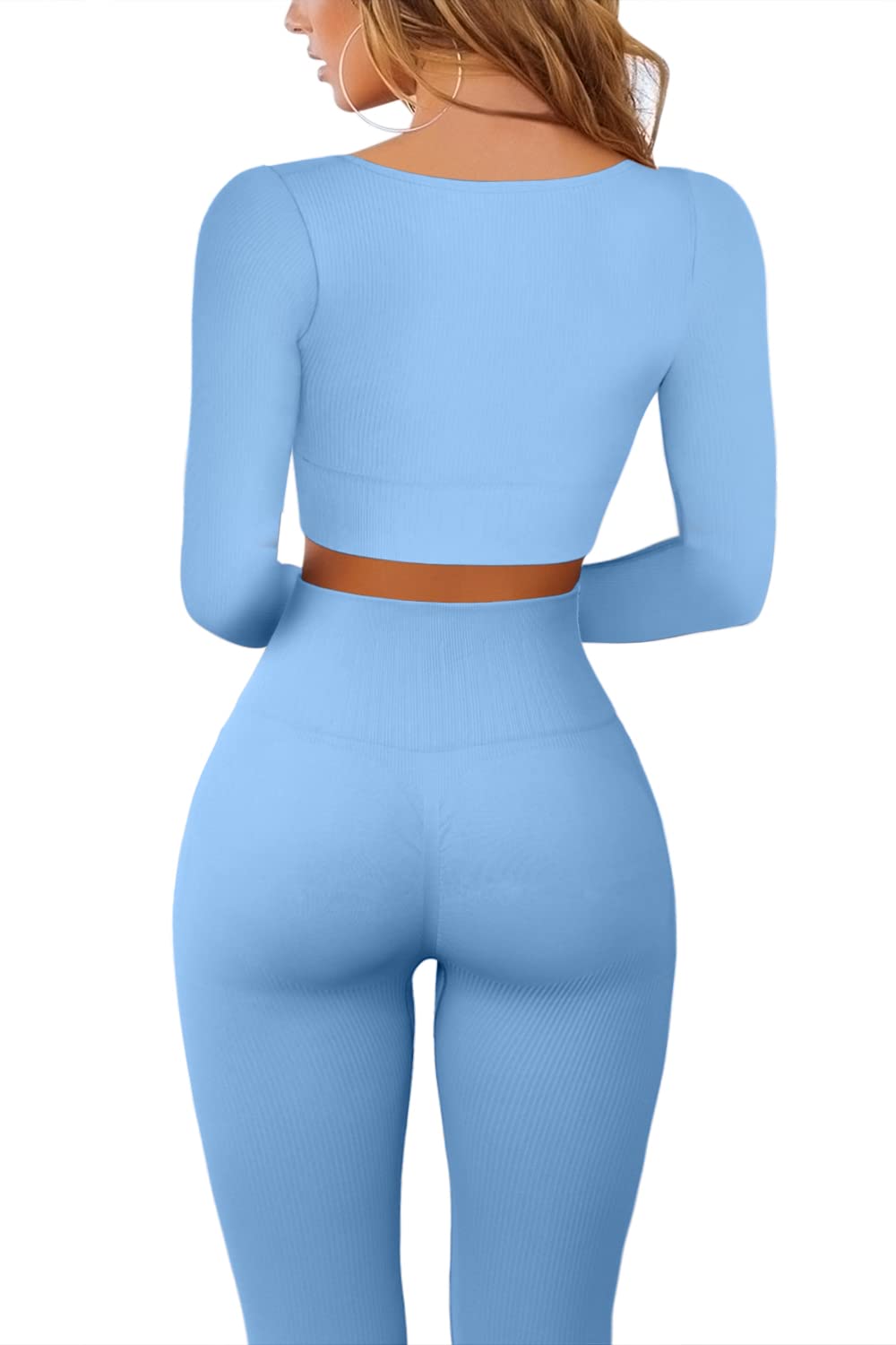 QINSEN Workout Sets for Women 2 Piece Seamless Long Sleeve Crop Tops Ribbed High Waist Leggings (S, Brown)