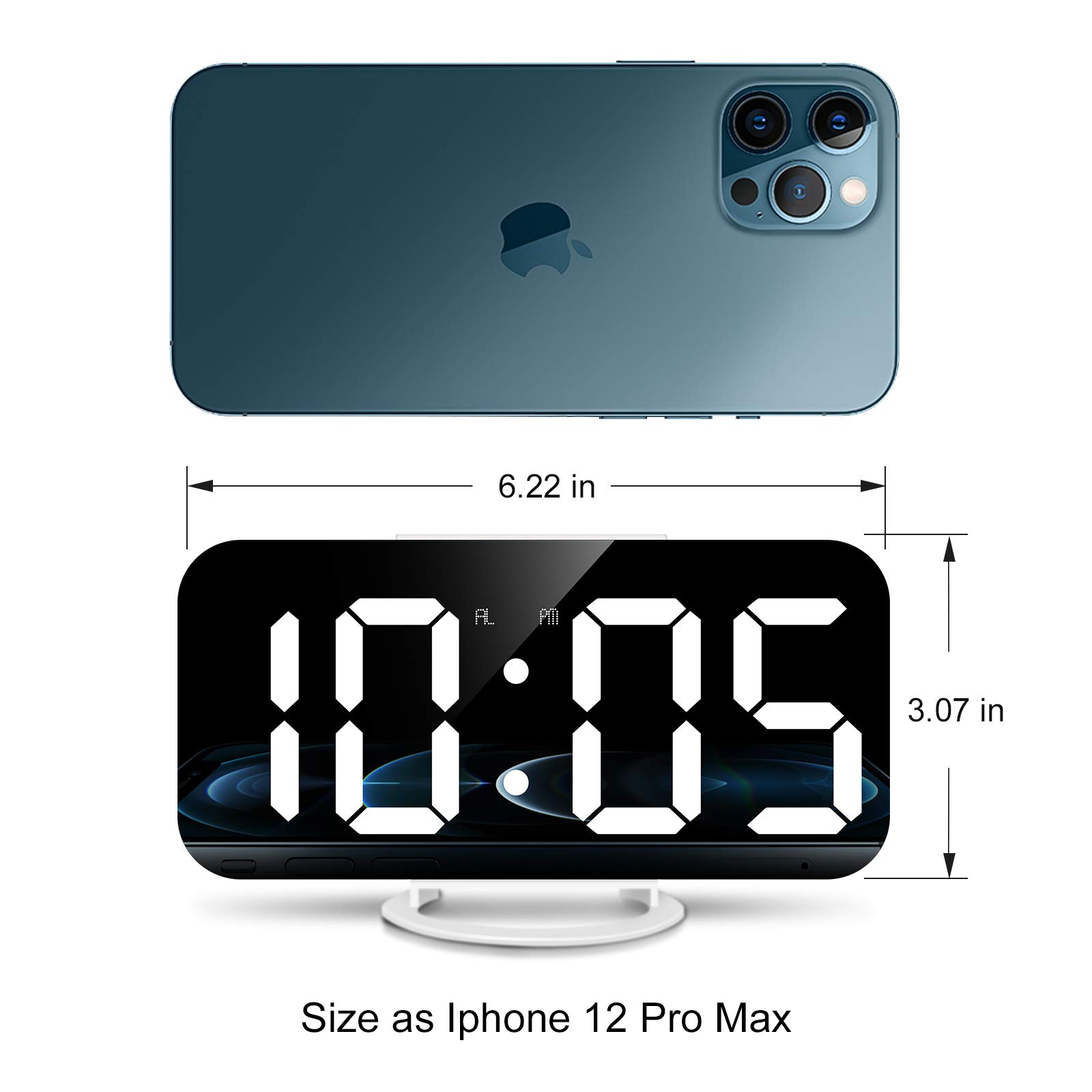 Lamisola Digital Alarm Clock, Large LED Mirror Display, 2 USB Charging Ports,Auto Dim Mode,Modern Design Clock for Bedroom Office, White