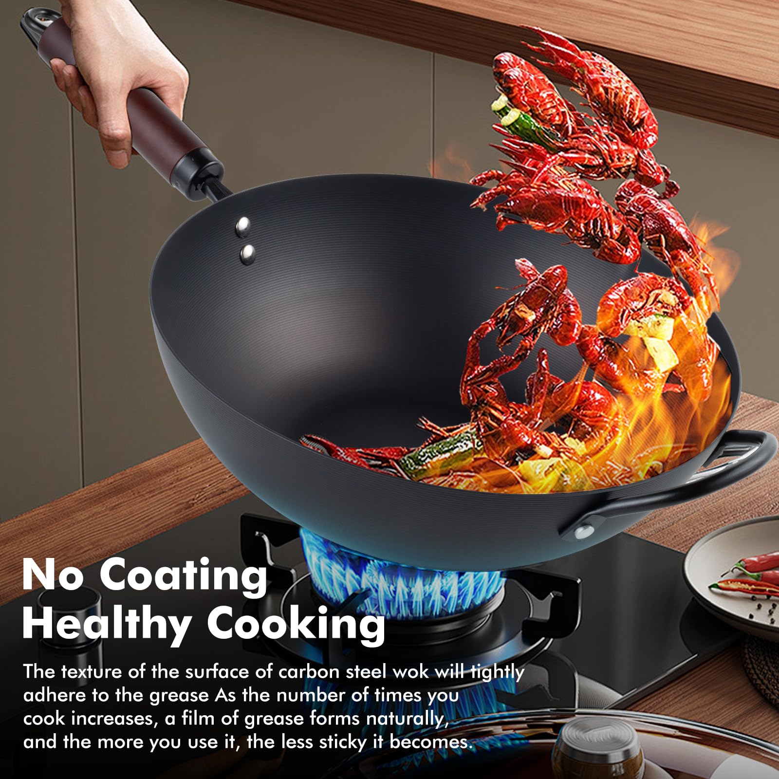 Vegoran Carbon Steel Wok Pan,12.5" Non-Stick Woks & Stir-Fry Pans with Glass Lid,No Chemical Coated Flat Bottom Iron Wok for Induction,Electric,Gas,Halogen,All Stoves-Practical Gift (12.5")